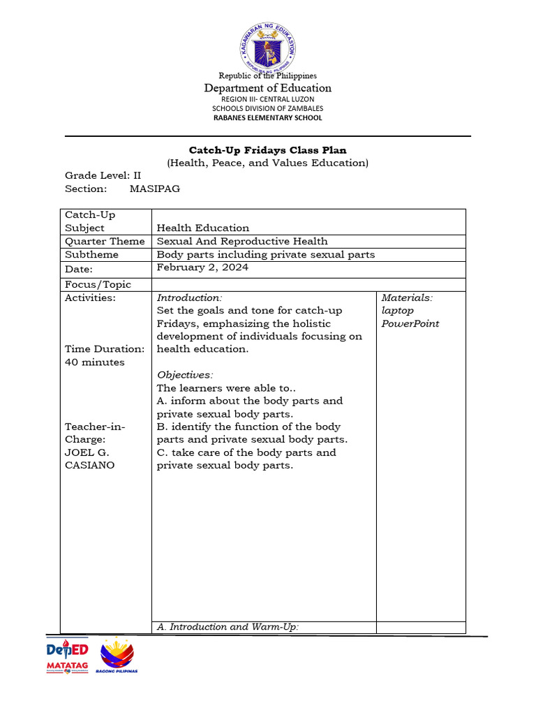 Grade II Health Education Class Plan | PDF | Teachers | Cognition