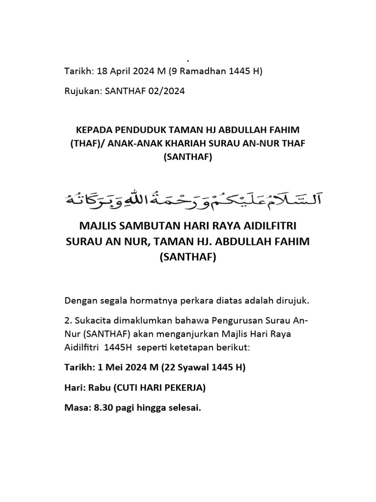Surat Jemputan Jamuan Aidilfitri 2024 | PDF