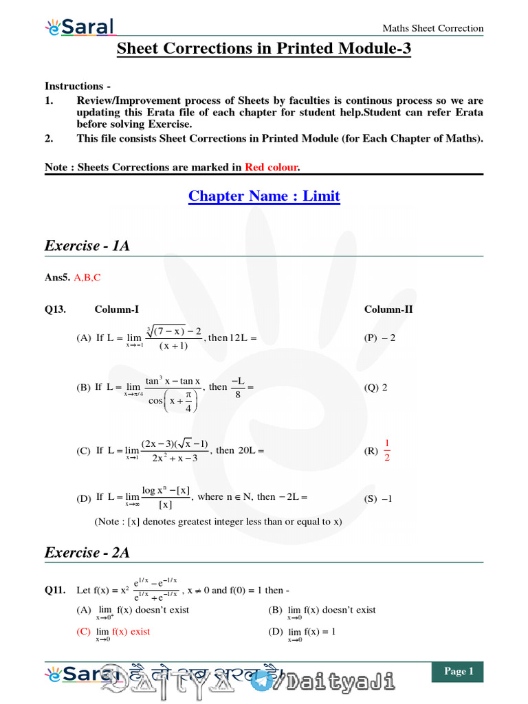 Maths JEE Sheet Correction Erata Module3 | PDF | Mathematics