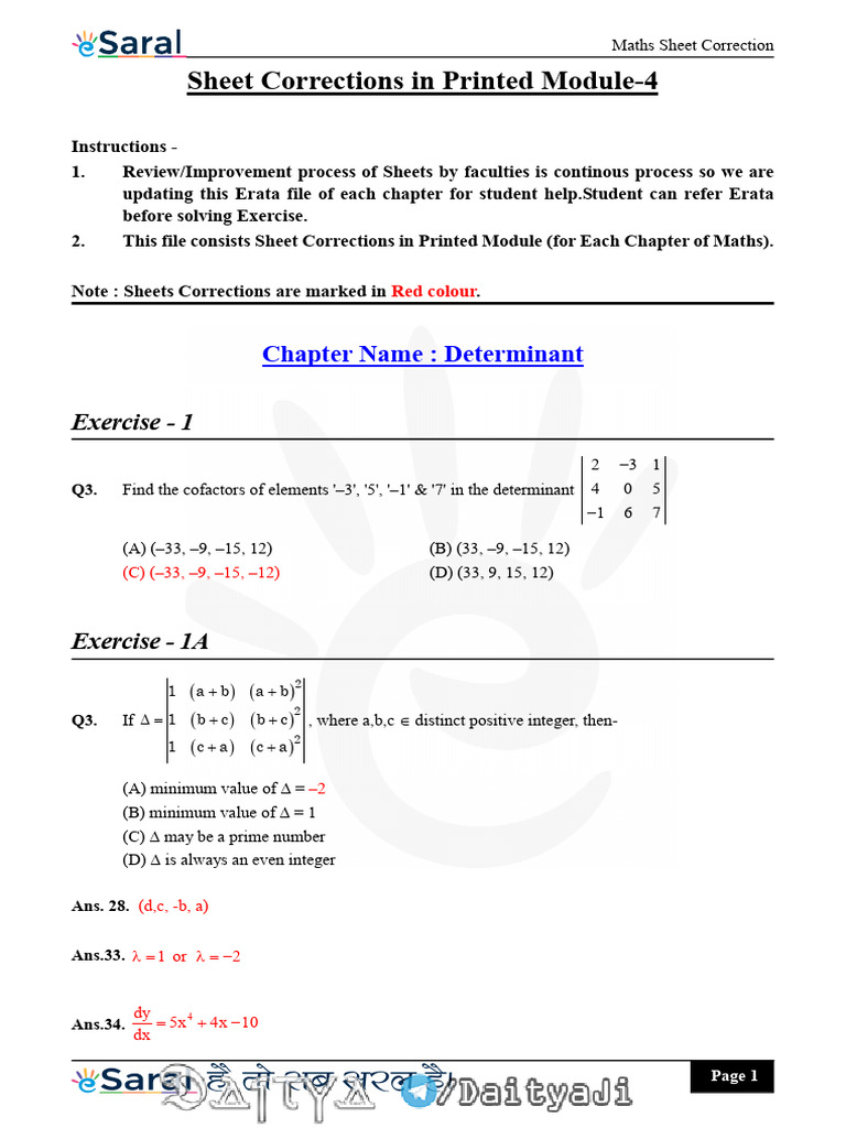Maths JEE Sheet Correction Erata Module4 | PDF | Matrix (Mathematics ...
