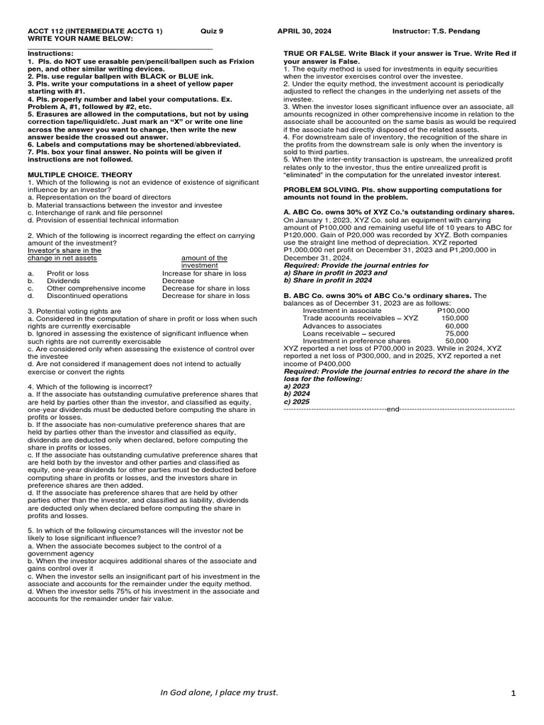 112 Quiz 9 April 30, 2024 For Upload | PDF | Investing | Preferred Stock