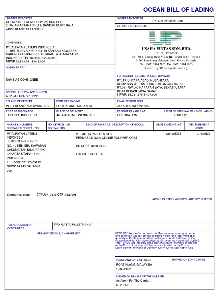 Ocean Bill of Lading: Usaha Pintas Sdn. BHD | PDF | Cargo | Bill Of Lading