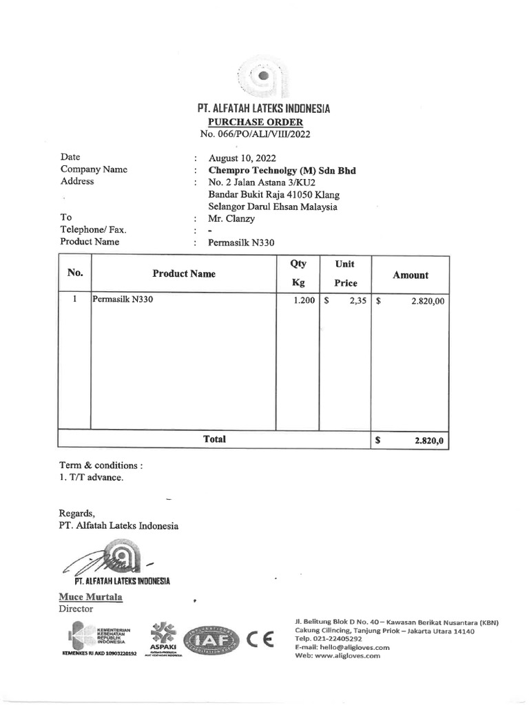 Inv, PL, Po, Certificate of Analystic | PDF