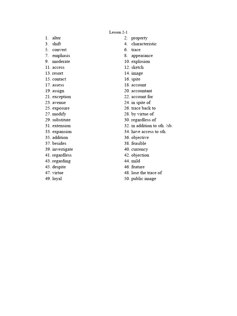 Vocabulary List for Lesson 2-1 | PDF