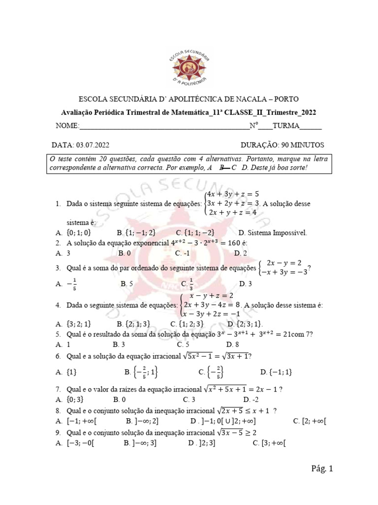 Avaliação Periódica Trimestral de Matemática - 11 CLASSE - II ...