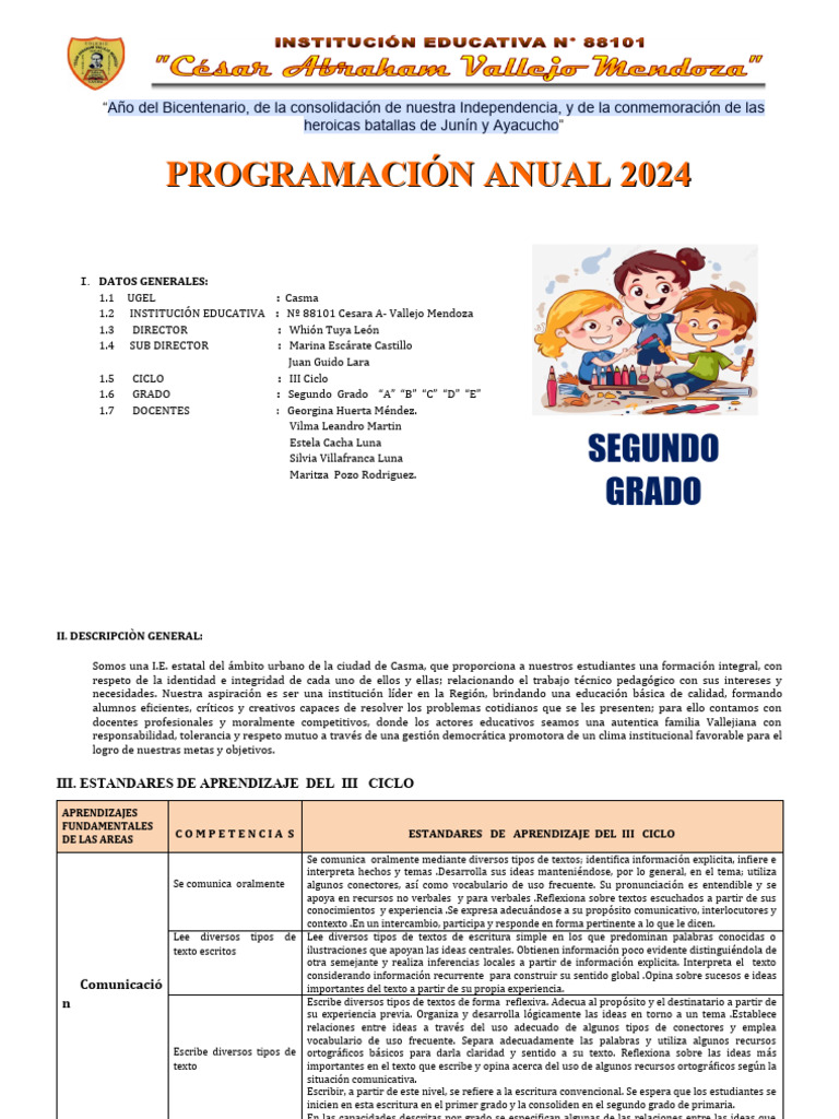 Programación Curricular Anual Segundo Grado - 2024 Ultimo | PDF | Aprendizaje | Amor