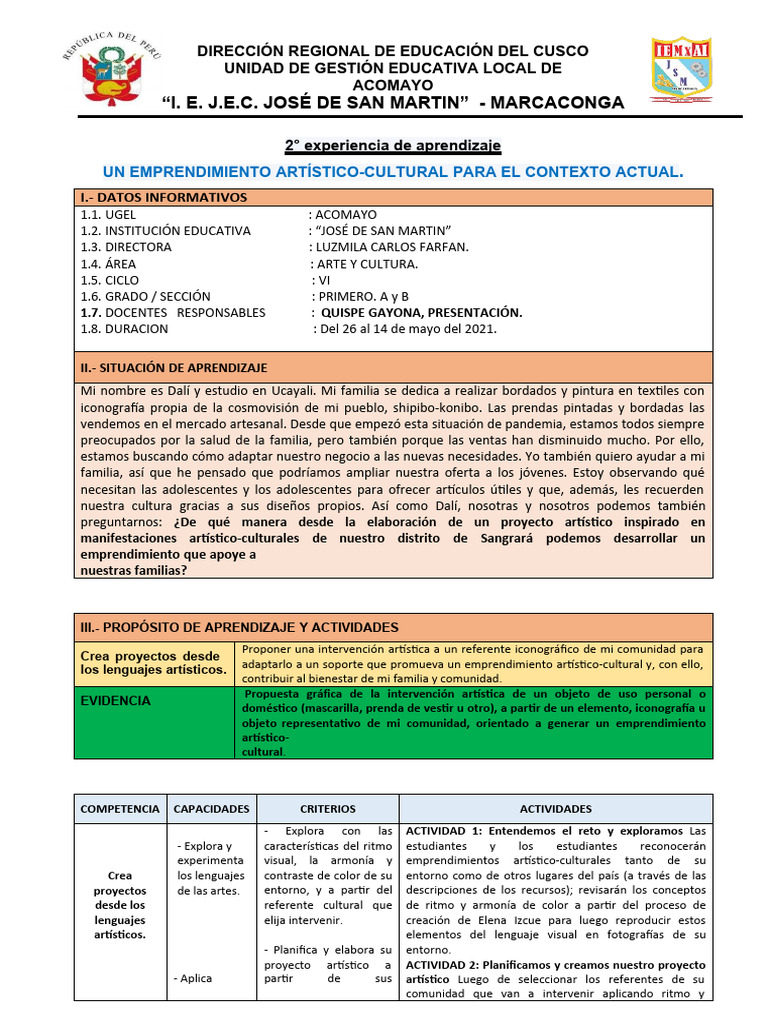 2°experiencia de Aprendizaje 1° Grado | PDF | Color | Evaluación