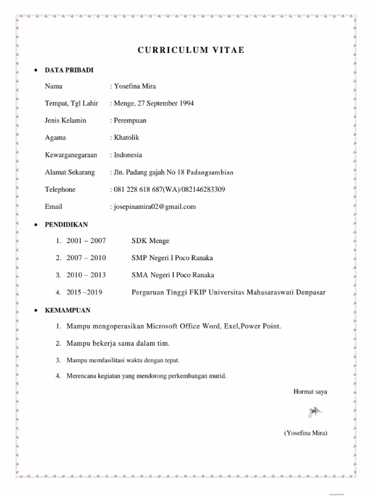 Curriculum Vitae - Yosefina Mira | PDF