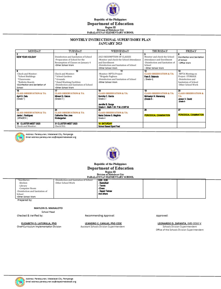 PARALAYUNAN ES SUPERVISORY January 2023FINAL | PDF