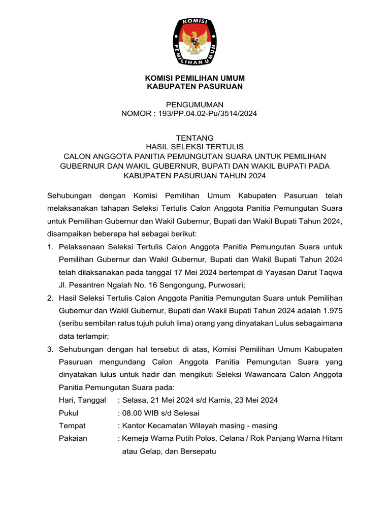 Pengumuman Hasil Tes Tertulis PPS Pilkada 2024 | PDF