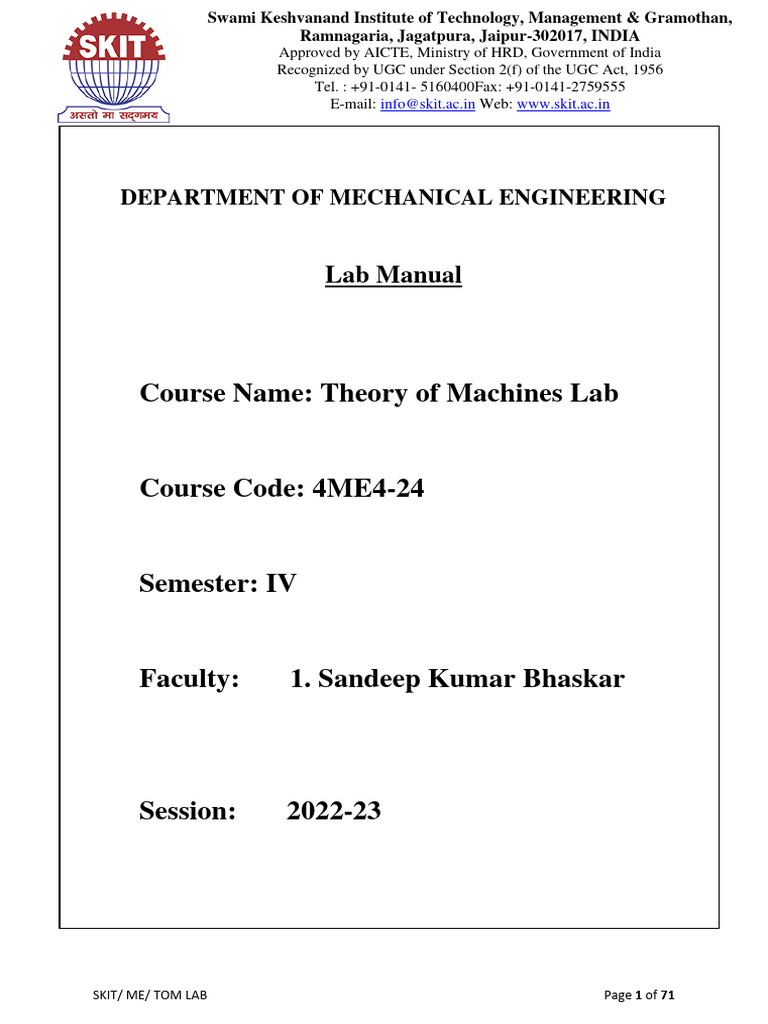 TOM Lab Manual for Mechanical Engineering | PDF | Engineering | Engines