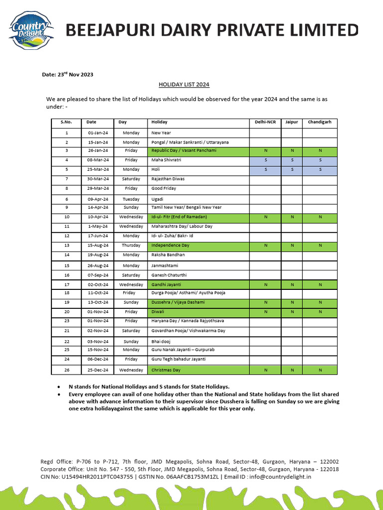 Holiday Calendar 2024 North - Updated | PDF | Religious Holidays | Festival