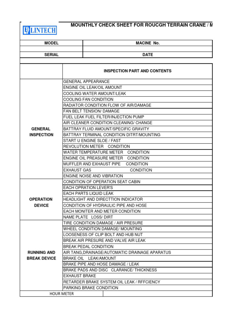 Mobile Crane Maintenance Checklist | PDF | Technology & Engineering