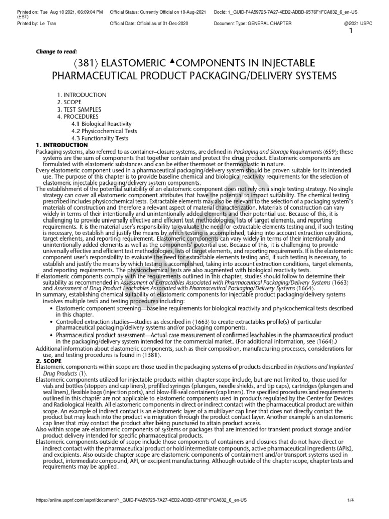 〈381〉 Elastomeric Components in Injectable Pharmaceutical Product Packagingdelivery Systems ...