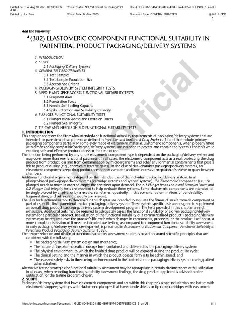〈382〉 ELASTOMERIC COMPONENT FUNCTIONAL SUITABILITY IN PARENTERAL PRODUCT PACKAGINGDELIVERY ...