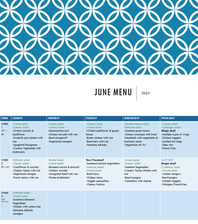 Aisj June Menu | PDF | Salad | North American Cuisine