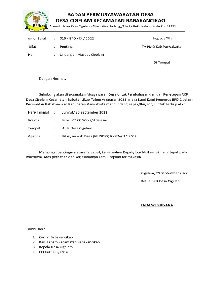 Undangan Musdes RKPDes Cigelam 2023 | PDF