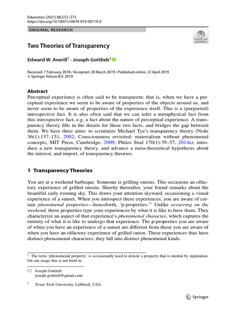 Two Theories of Transparency: Edward W. Averill Joseph Gottlieb | PDF ...