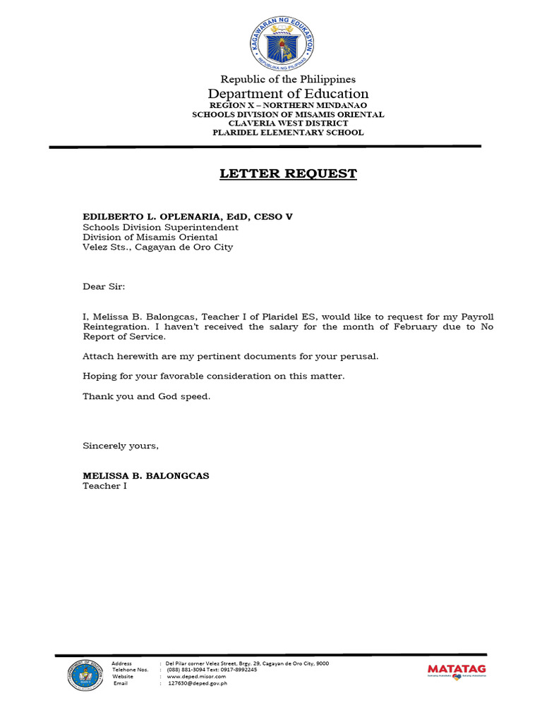 Payroll Reintegration Request Letter | PDF