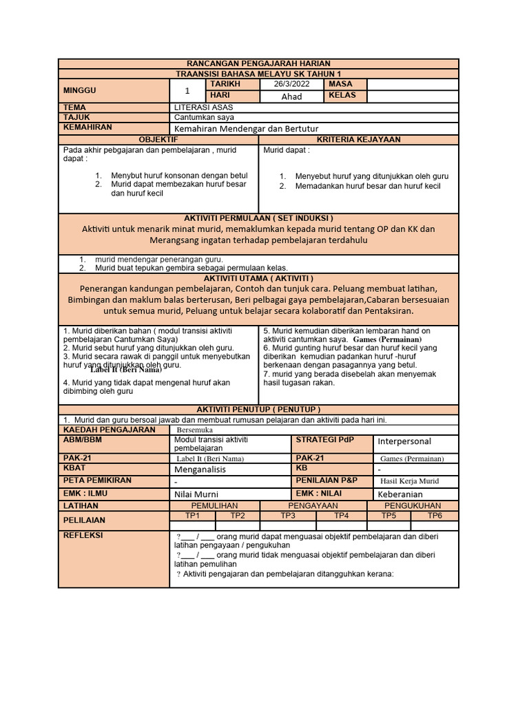 RPH Transisi BM Minggu 1 | PDF | Karier & Perkembangan