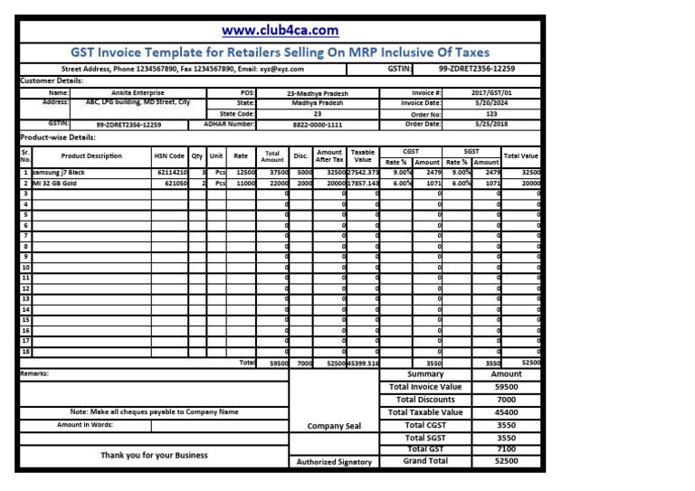 GST Invoice Format in Excel To Sell Goods On MRP Including Taxes | PDF ...