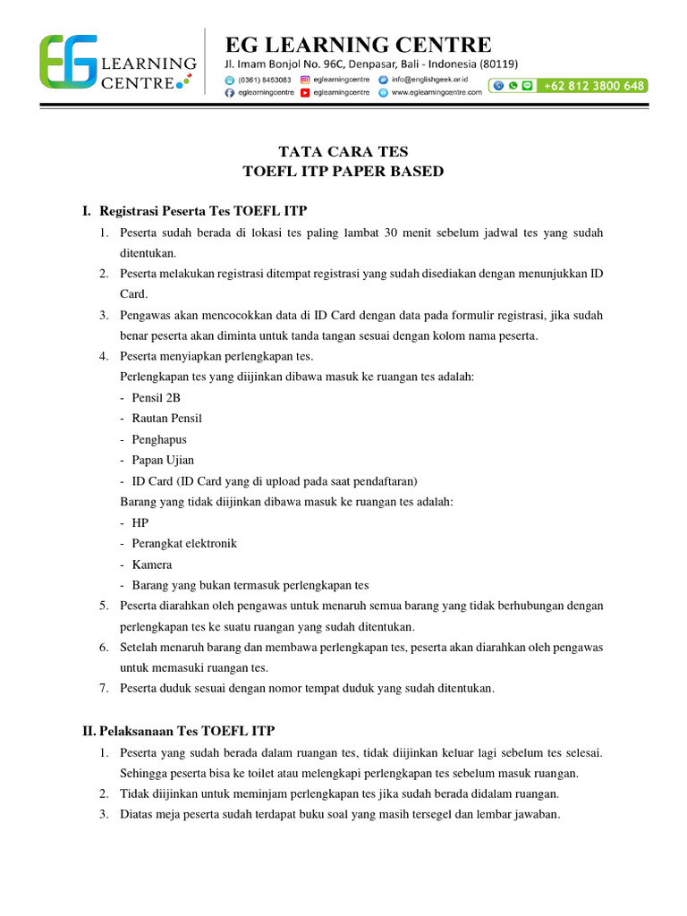 Tata Cara Tes TOEFL ITP Paper Based | PDF