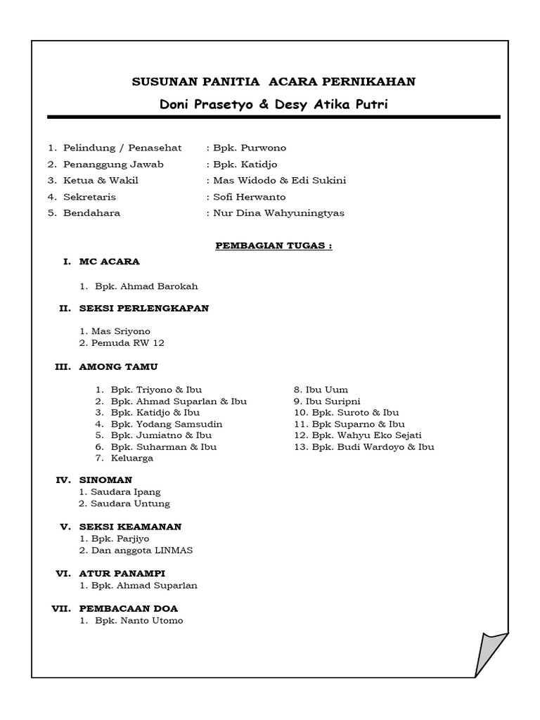 Susunan Panitia Acara Pernikahan Doni Prasetyo | PDF