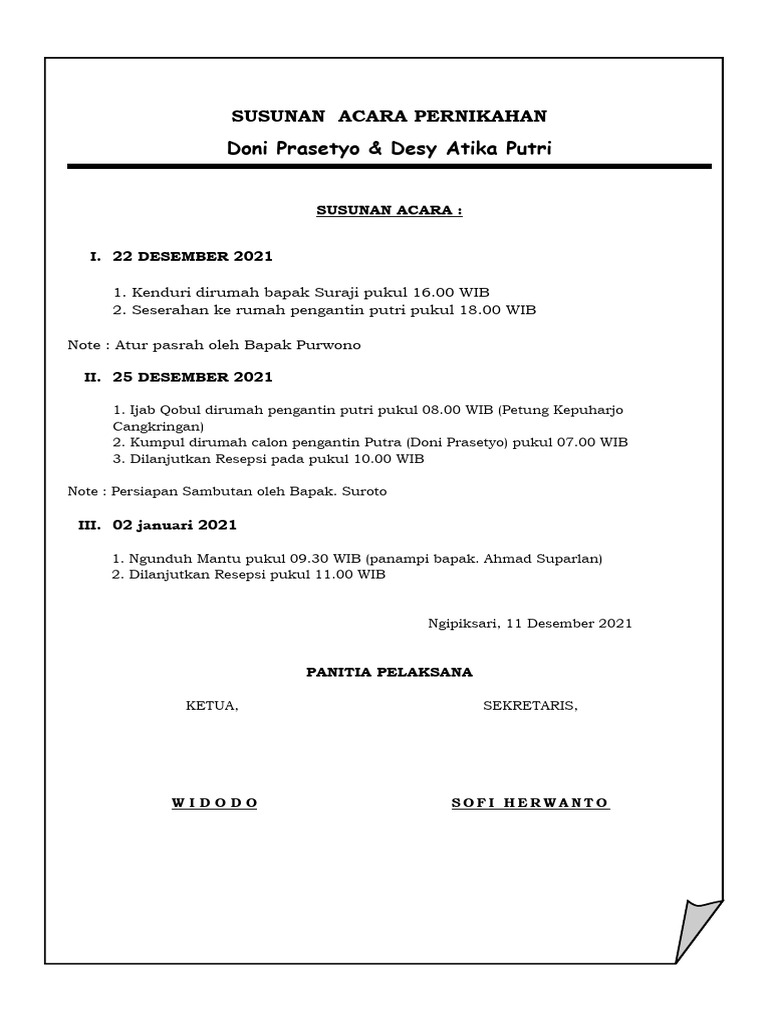 Susunan Acara Pernikahan Doni Prasetyo | PDF