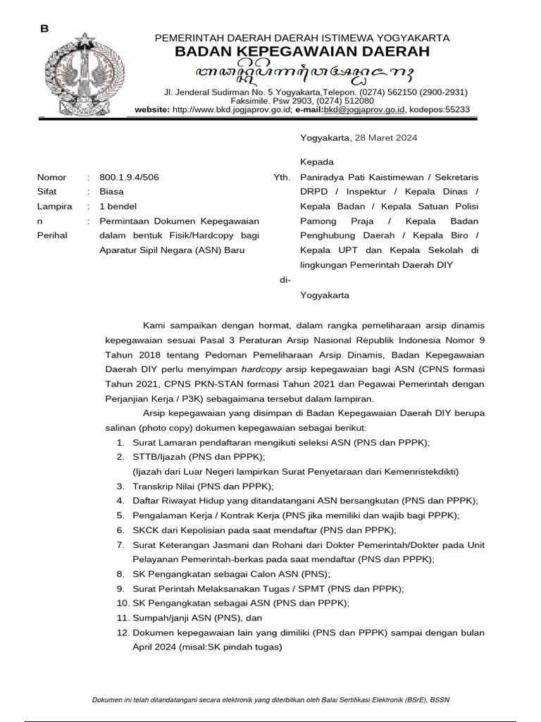 Surat Permintaan Dok Kep DLM Bentuk Fisik Atau Hardcopy Bagi ASN Baru | PDF