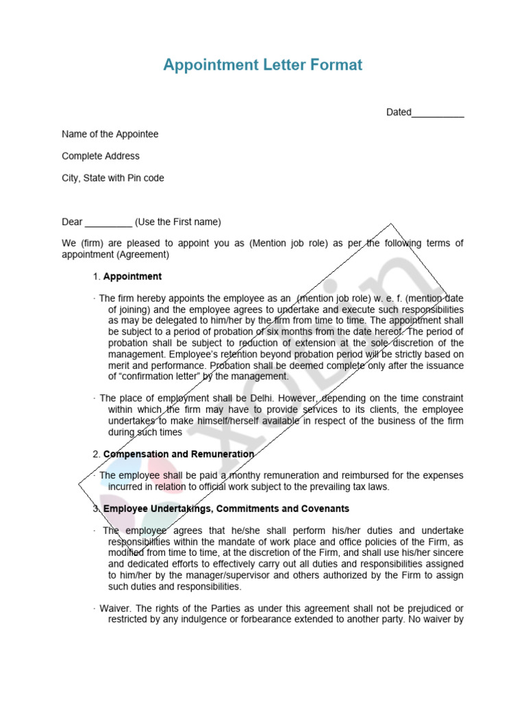 Appointment Letter Format | PDF | Employment | Private Law