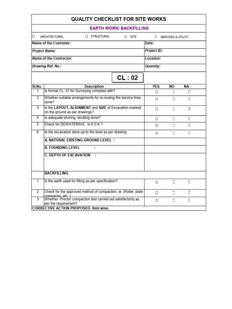 Quality Checklist For Site Works: Earth Work/ Backfilling | PDF