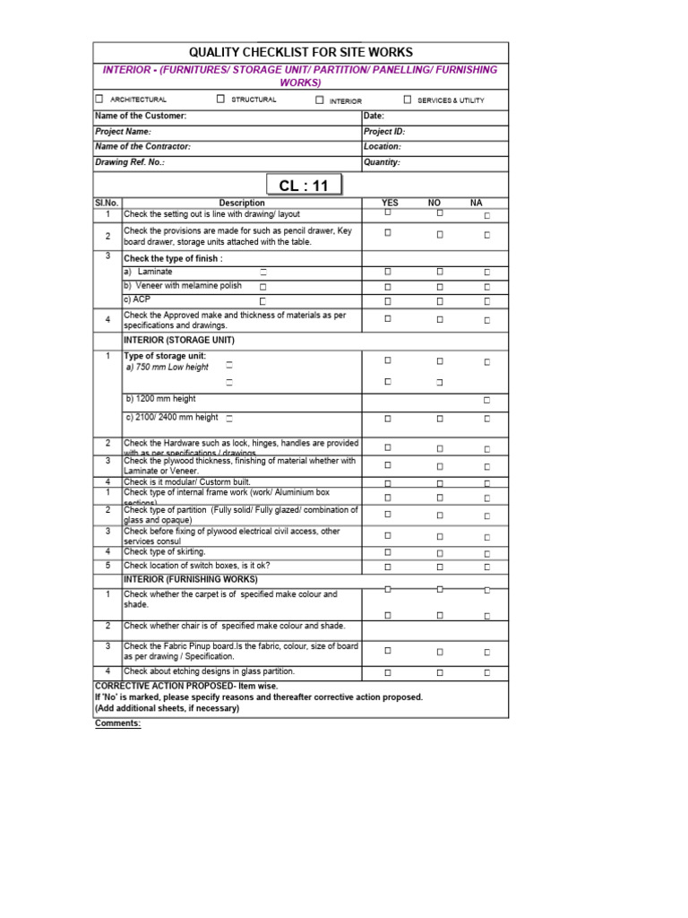 Quality Checklist For Site Works: Interior - (Furnitures/ Storage Unit ...