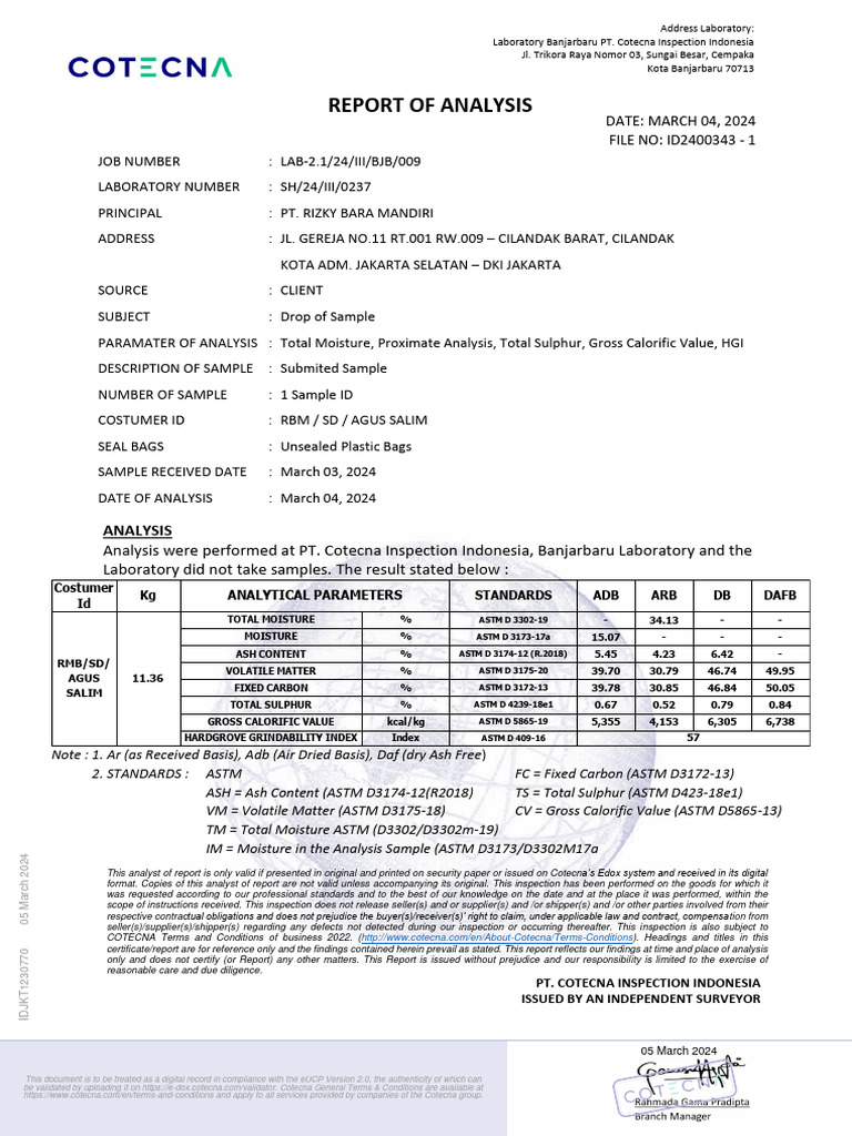 Scan Report of Analysis - PT. RIZKY BARA MANDIRI - 1 Kode Sample - RBM-SD-AGUS SALIM - March 03 ...