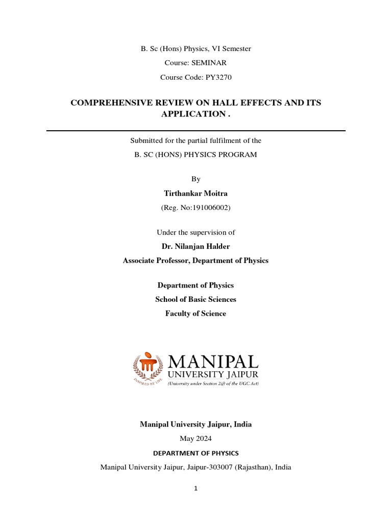 Report For Seminar Hall Effect | PDF | Magnetic Field | Semiconductors