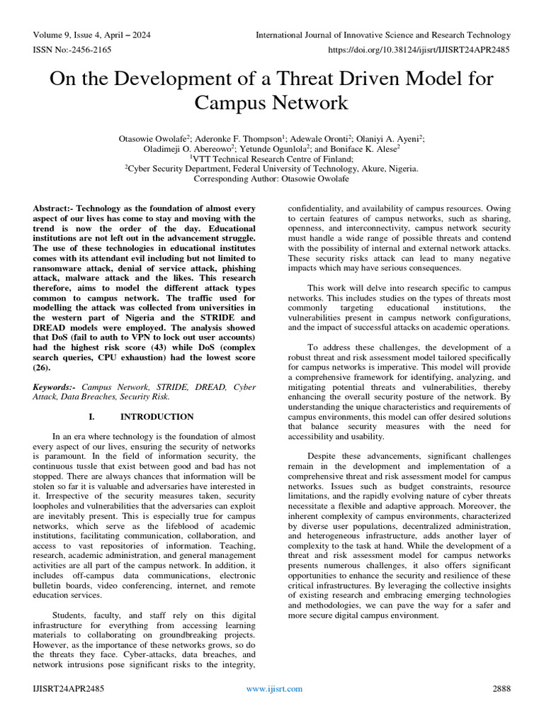 On The Development of A Threat Driven Model For Campus Network | Download Free PDF | Computer ...