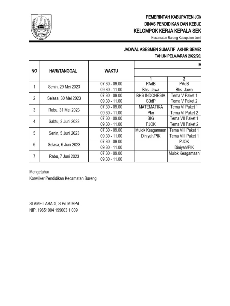 JADWAL SAS KELAS 1-5 Tahun Pelajaran 2022-2023 | PDF