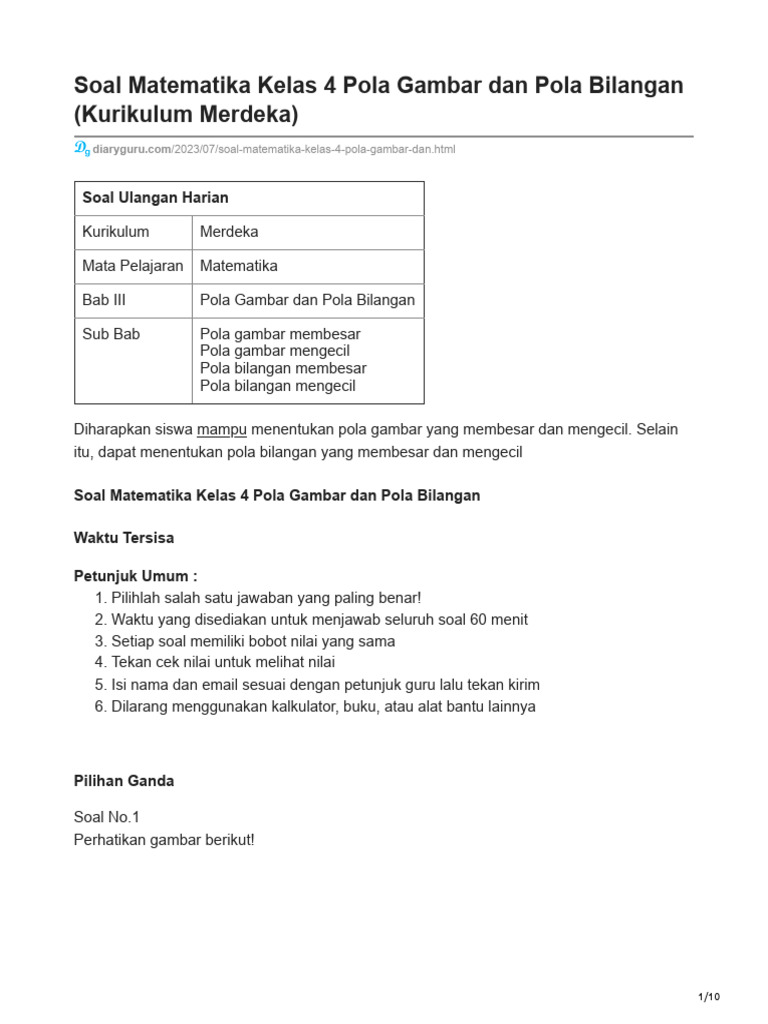 diaryguru.com-Soal Matematika Kelas 4 Pola Gambar dan Pola Bilangan Kurikulum Merdeka | PDF