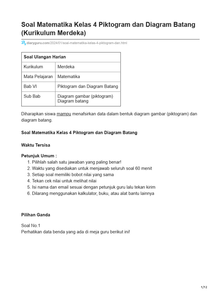 Soal Matematika Kelas 4 Piktogram Dan Diagram Batang Kurikulum Merdeka | PDF