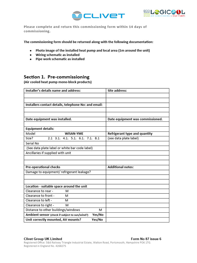 Commissioning Document Air Cooled Heat Pump Units Monoblock Form 87 Issue 6 Wisan YME | PDF ...
