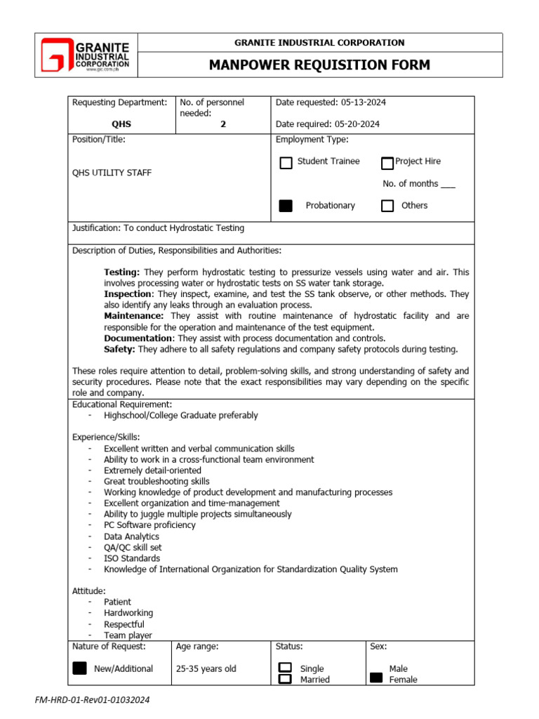 FM-HRD-01-REV01-01032024 Manpower Requisition Form QHS Utility | PDF ...