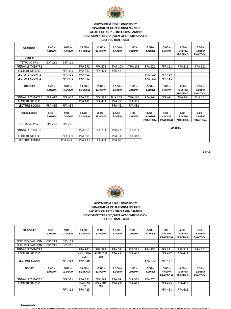 FIRST SEMESTER LECTURE TIME TABLE 2023 2024 SESSION | PDF FIRST SEMESTER LECTURE TIME TABLE 2023 2024 SESSION | PDF