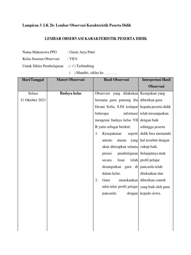 Lampiran 3. LK 2b Lembar Observasi Karakteristik Peserta Didik-Gusni | PDF