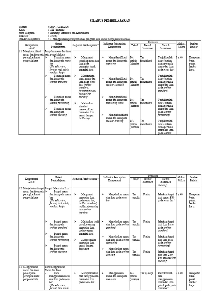 Silabus Tik SMP Kelas Viii Sem 1 | PDF
