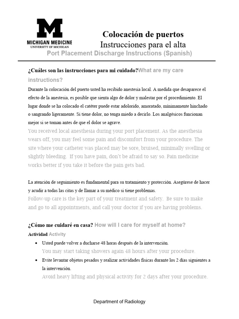 SPN Portplacement Discharge Instructions PDF Medicina CLINICA