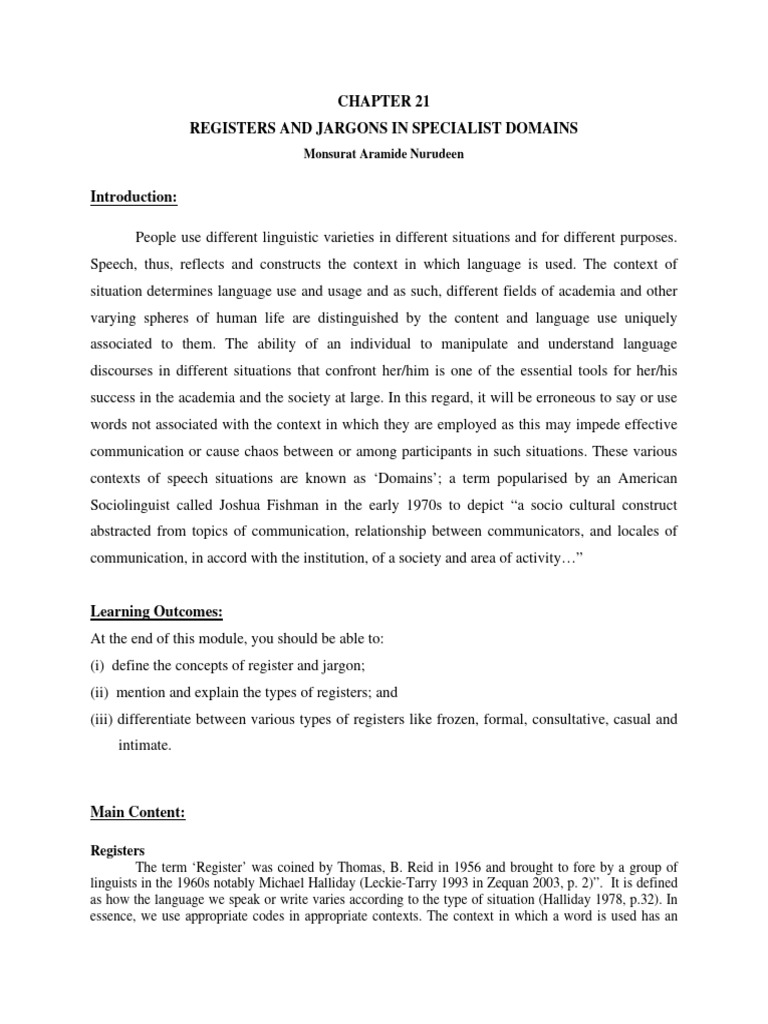 Registers and Jargons in Specialist Domains PDF | PDF | Jargon ...