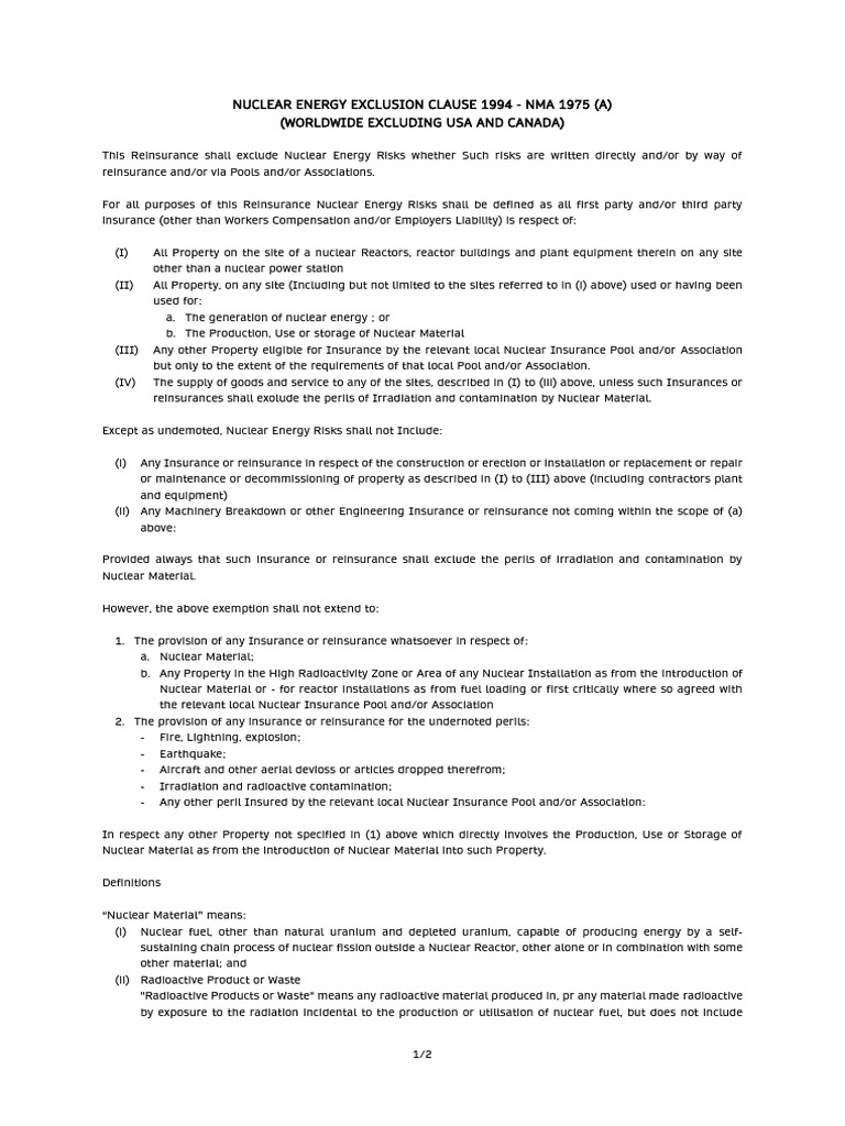 Nuclear Energy Exclusion Clause 1994 NMA 1975 A | PDF | Nuclear Power | Nuclear Fuel