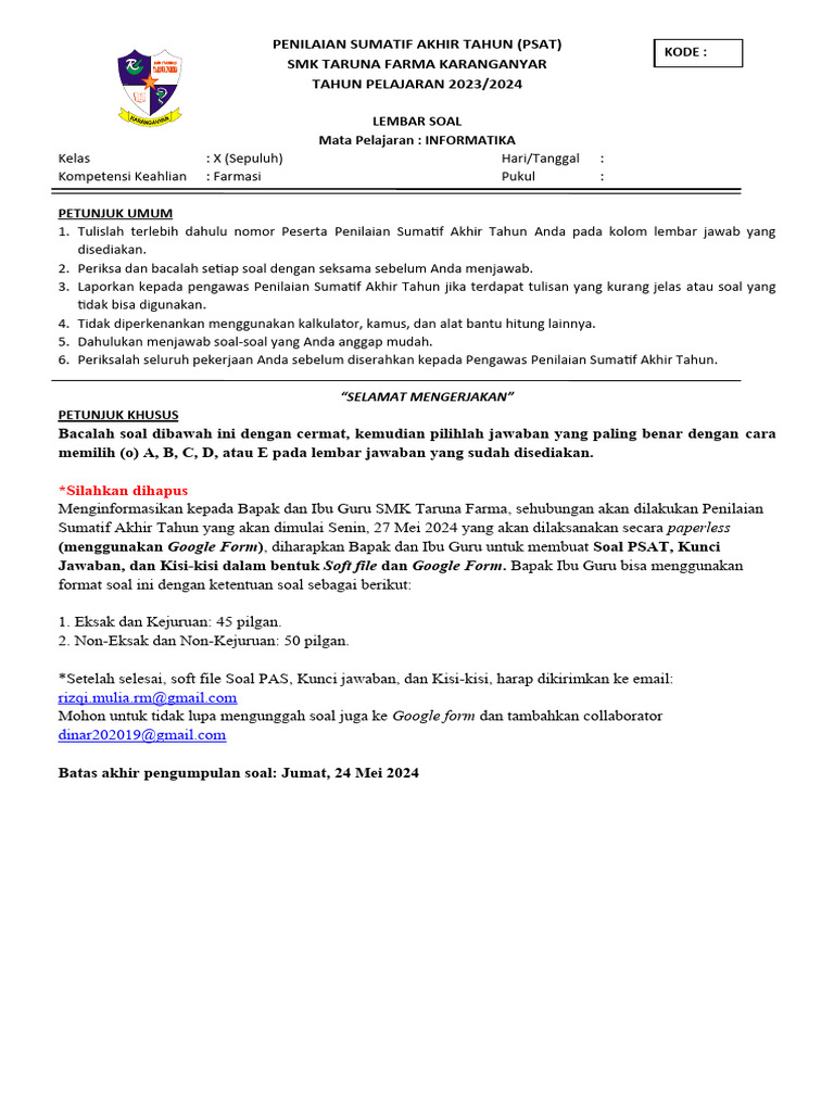 (Informatika - X) - Format Soal Psat 2023-2024 | PDF