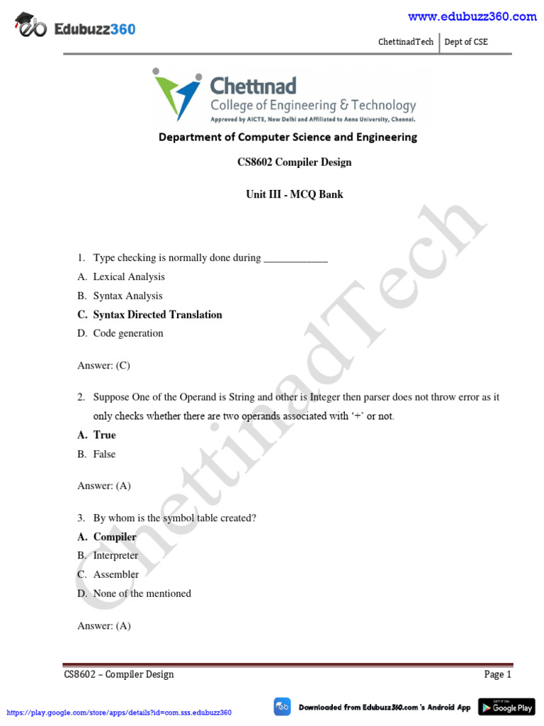 CS8602 Compiler Design UNIT 3 MCQ | PDF | Parsing | Compiler