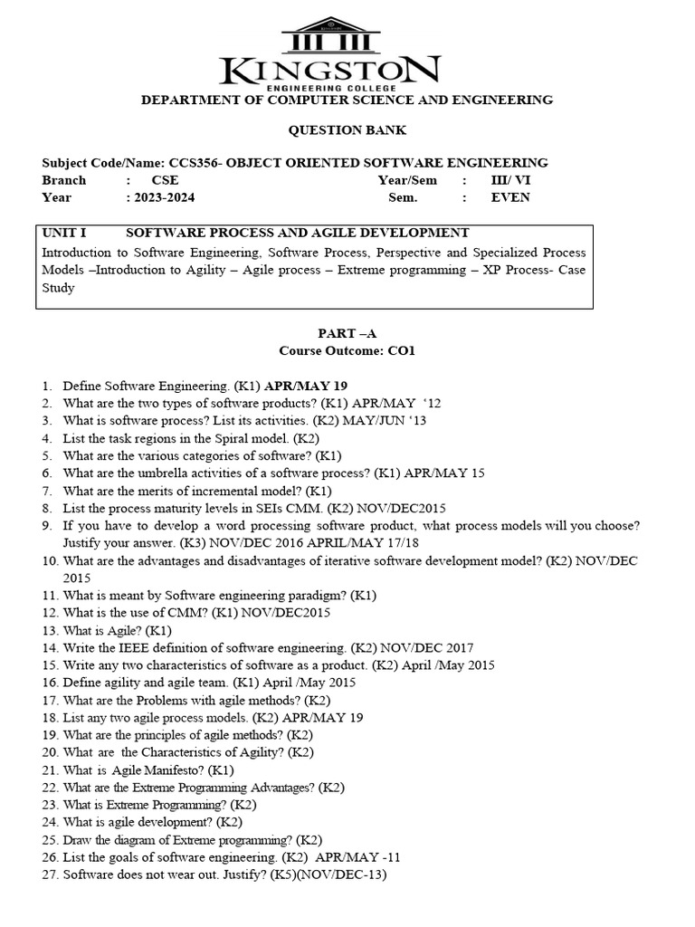 Oose Question Bank - CCS356 - 2023-24 | PDF | Agile Software Development | Software Development ...