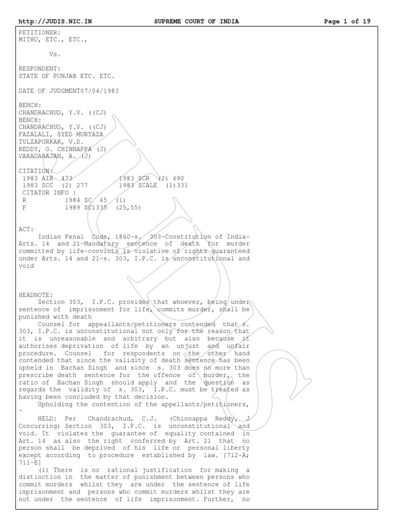 Mithu v. State of Punjab | PDF | Sentence (Law) | Crimes